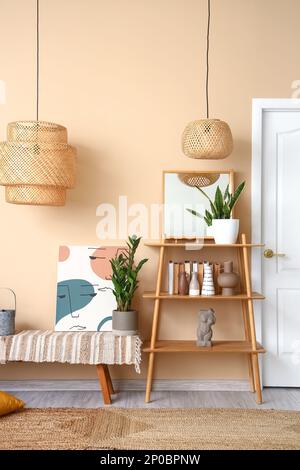 Interior of hall with shelving unit and bench Stock Photo - Alamy