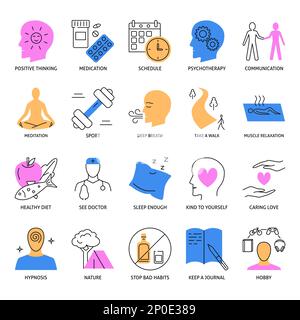 Stress relieve methods icon set in flat style. Self care, healthy ...