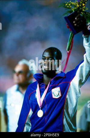 1984: Edwin Moses (USA) wins the gold medal during the 1984 Summer ...