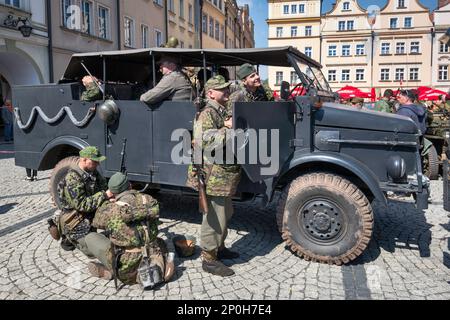 Reenactors in uniforms of Waffen-SS German troops, BMW R-71, 1939 ...