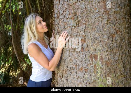 Pretty blond female nature lover or conservationist hugging a tall tree ...