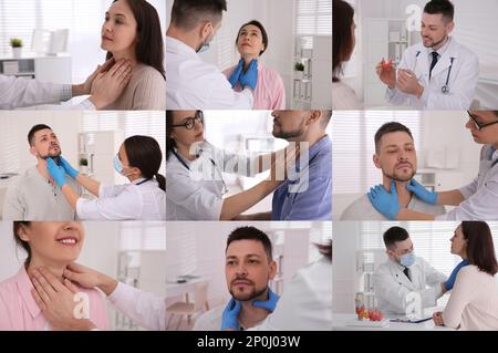 Prevention thyroid diseases. Collage with different photos of doctor ...