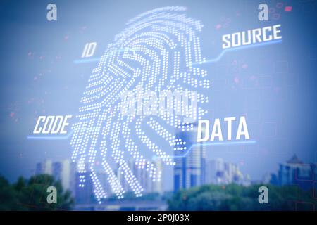 Fingerprint identification. Beautiful view of cityscape with modern ...