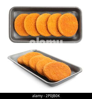 Uncooked breaded cutlets on white background. Freshly frozen semi ...