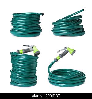 Set with green rubber watering hoses on white background, top view ...