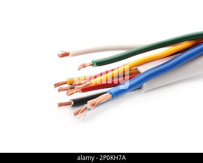 Many stripped electrical wires on white background Stock Photo - Alamy