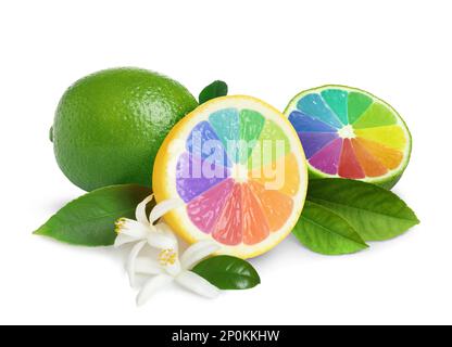 Fresh lemon and lime with rainbow segments on white background ...
