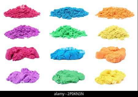 Set with piles of colorful kinetic sand on white background Stock Photo ...