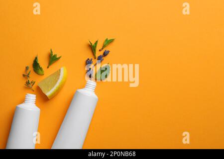 Blank tubes of toothpaste, mint, thyme and lavender flowers on white ...