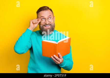 Photo portrait of attractive grandpa look disappointed empty space wear ...
