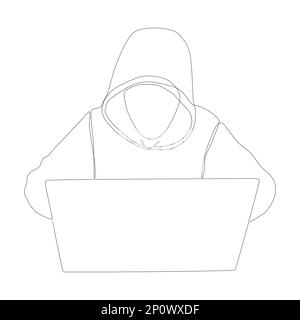 One continuous line of Computer Hacker drawn by with felt tip pen. Thin ...