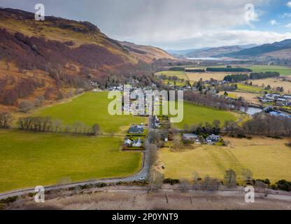 Aerial view of village of Kinloch Rannoch on River Tummel, Perth and ...