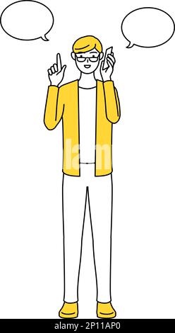 A casually dressed young man calling out with his hand over his mouth ...