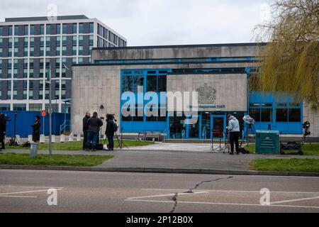 British press outside Crawley magistrates court, West Sussex. Constance ...