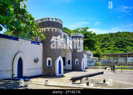 Entrance gates to the Fort Barão do Rio Branco. Fortified wall with two ...
