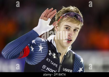 HERENVEEN - Winner Jordan Stolz (USA) after the 500 meter race at the ...