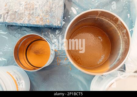 Mixture of yellow color with epoxy resin for industrial floors Stock ...
