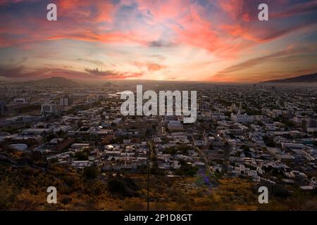 View of Hermosillo City from the top of Cerro de la Campana at sundown ...