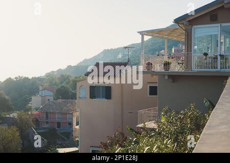 Beautiful view of Lakones streets and houses, traditional greek village ...