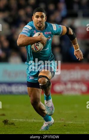 Nene Macdonald #4 of Leeds Rhinos inspects the pitch before the Betfred ...