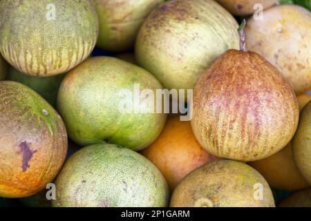 Close-up on a stack of Pomelos for sale on a market's stall Stock Photo ...
