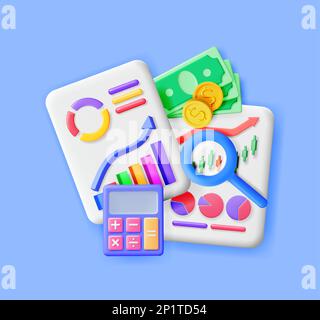 3D Financial Reports with Magnifying Glass and Calculator. Render Stock ...