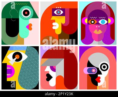 Six different faces modern art vector illustration. Design of six ...