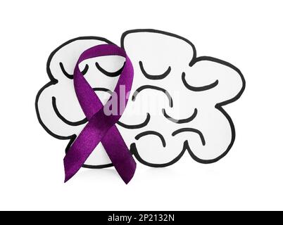 Paper brain cutout with purple ribbon on white background Stock Photo ...