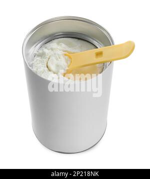 Blank can of powdered infant formula with scoop isolated on white ...