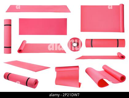 Set with pink camping mats on white background Stock Photo - Alamy