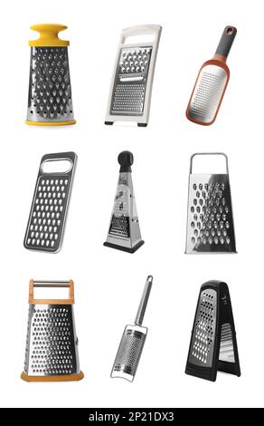 Set with different graters on white background Stock Photo - Alamy