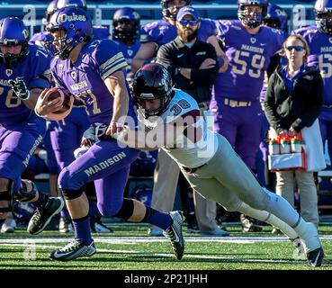 James Madison quarterback Bryan Schor (17) hands the ball off to ...