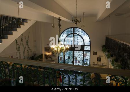 interior view of old belfry adapted for a coffeehouse with beautiful ...