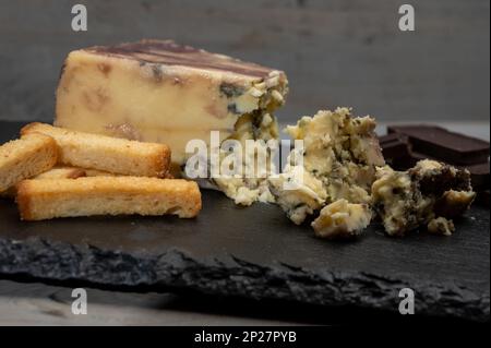 Cheese collection, blue stilton English cheese matured in red porto ...