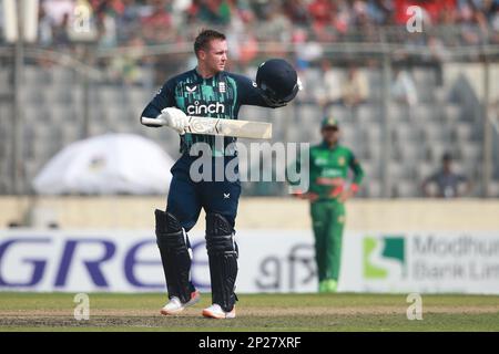 Jason Roy celebrates his hundrad runs during the Bangladesh-England 2nd ...