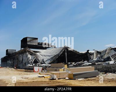 Construction of warehouse from metal structures. Industrial building on ...