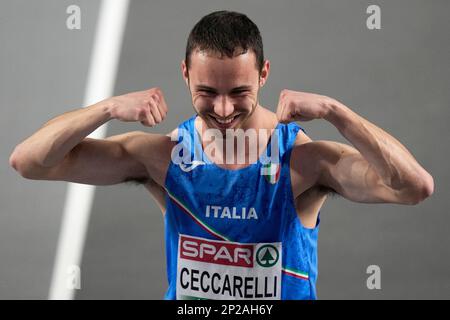 Samuele Ceccarelli, of Italy, celebrates after winning the gold medal ...