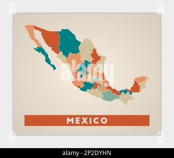Mexico map. Country poster with regions. Old grunge texture. Shape of ...