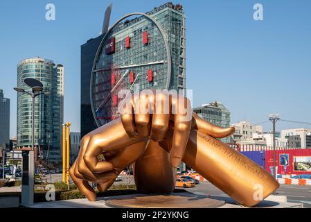 Bronze statue of Gangnam Style famous kpop song by Psy in front of the ...