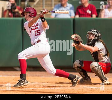 Alabama infielder Danae Hays (15) celebrates the three-run home run by ...