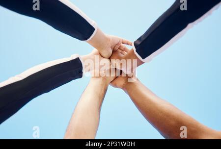 Hands, teamwork and motivation with cheerleaders in a huddle for ...
