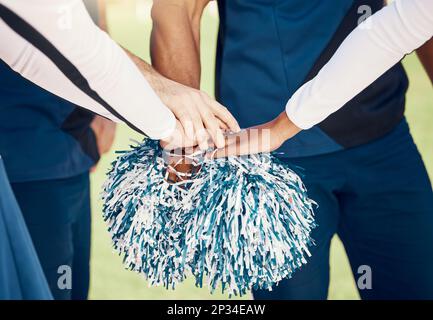 Hands, teamwork and motivation with cheerleaders in a huddle for ...
