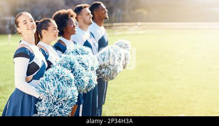 Cheerleader group, sports and people huddle for competition support ...