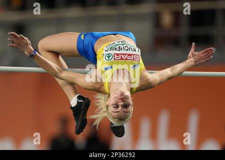 Yuliia Levchenko, of Ukraine, makes an attempt in the Women high jump ...