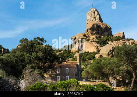Church and granite rock, Ermitage de la Trinite, Bonifacio, South coast ...