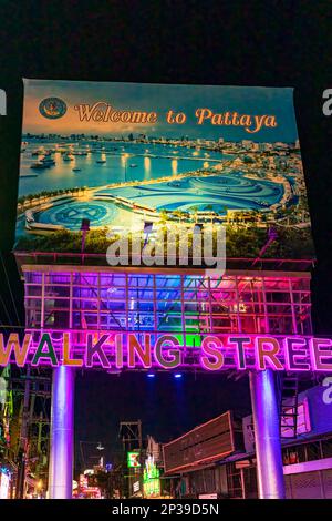 Sign at entrance to Walking Street, Pattaya, Thailand illuminated at ...