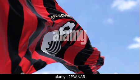 Bournemouth, UK, Oct. 2022: Detail of AFC Bournemouth flag waving. AFC ...