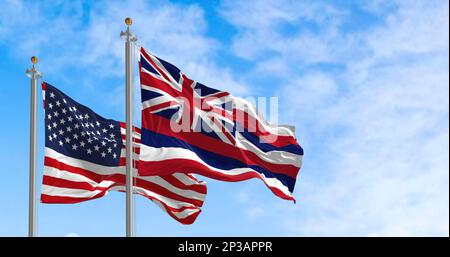 Hawaii state flag waving with the national flag of the United States of ...