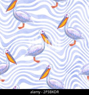 Watercolor white pelican seamless pattern. Hand drawn blue navy ...