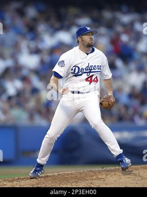 Paul Shuey of the Los Angeles Dodgers pitches during a 2002 MLB season ...